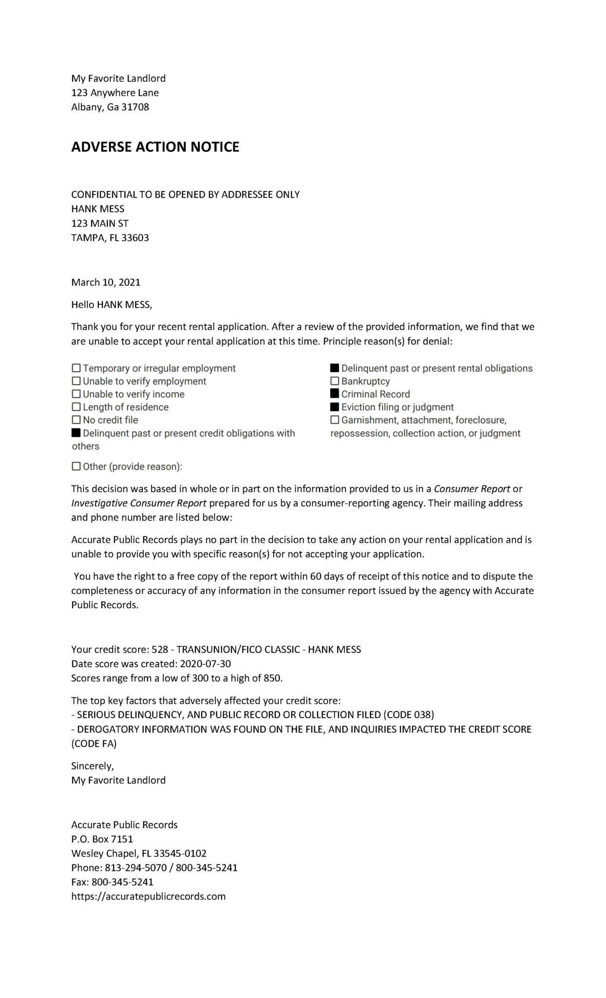 Adverse Action Notices - Preformatted Denial Letters for Landlords